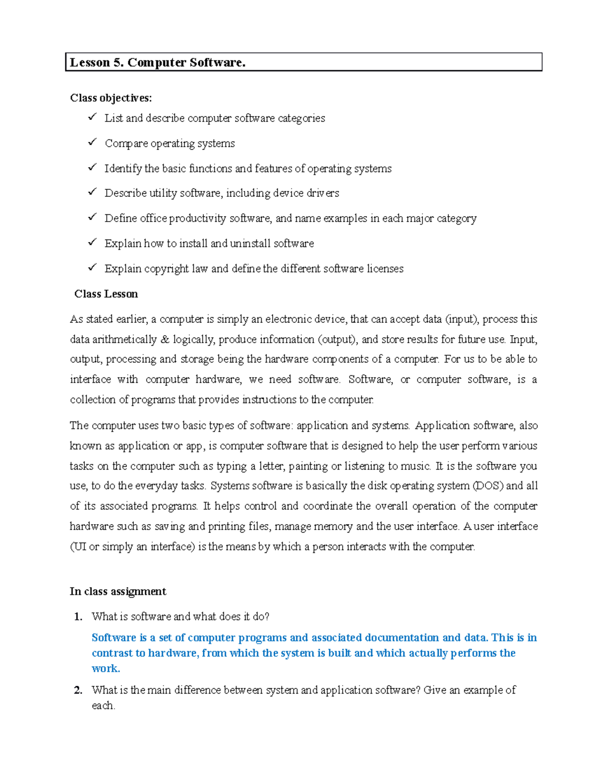 Lesson 5- Computer Software - Lesson 5. Computer Software. Class ...