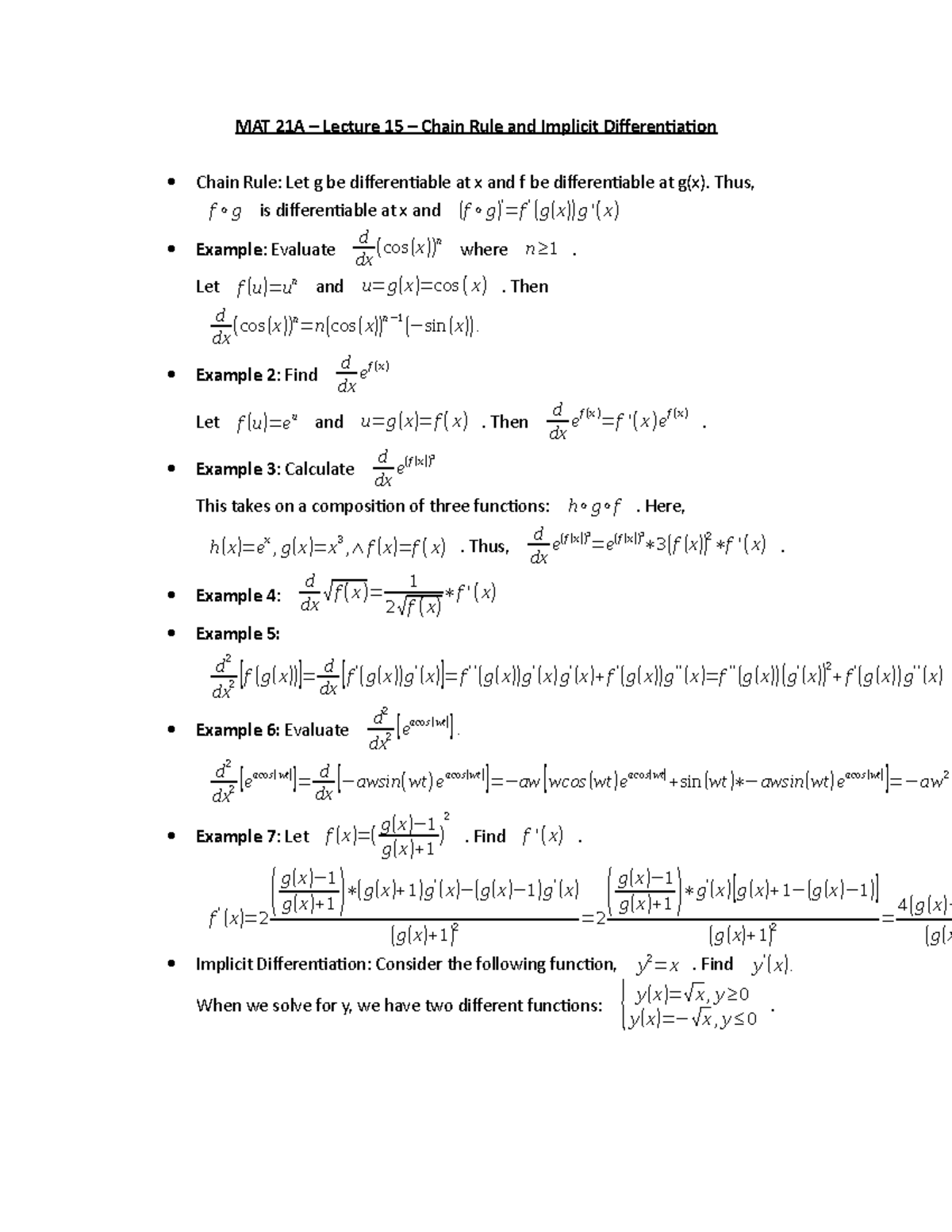Mat 21a Lecture 15 Chain Rule And Implicit Differentiation Mat 21a Lecture 15 Chain Rule