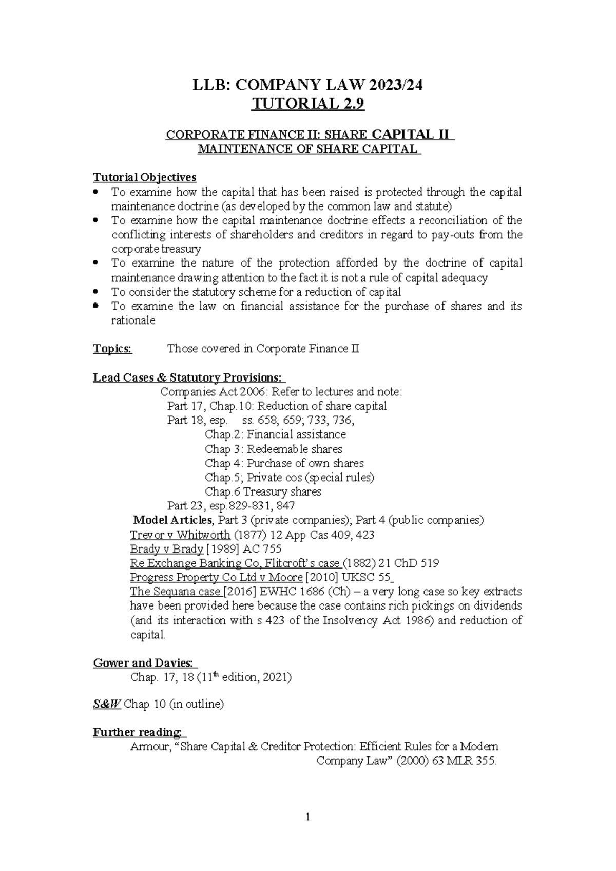 Tutorial Questions - Corporate Finance II - LLB: COMPANY LAW 2023/ TUTORIAL 2. CORPORATE FINANCE ...