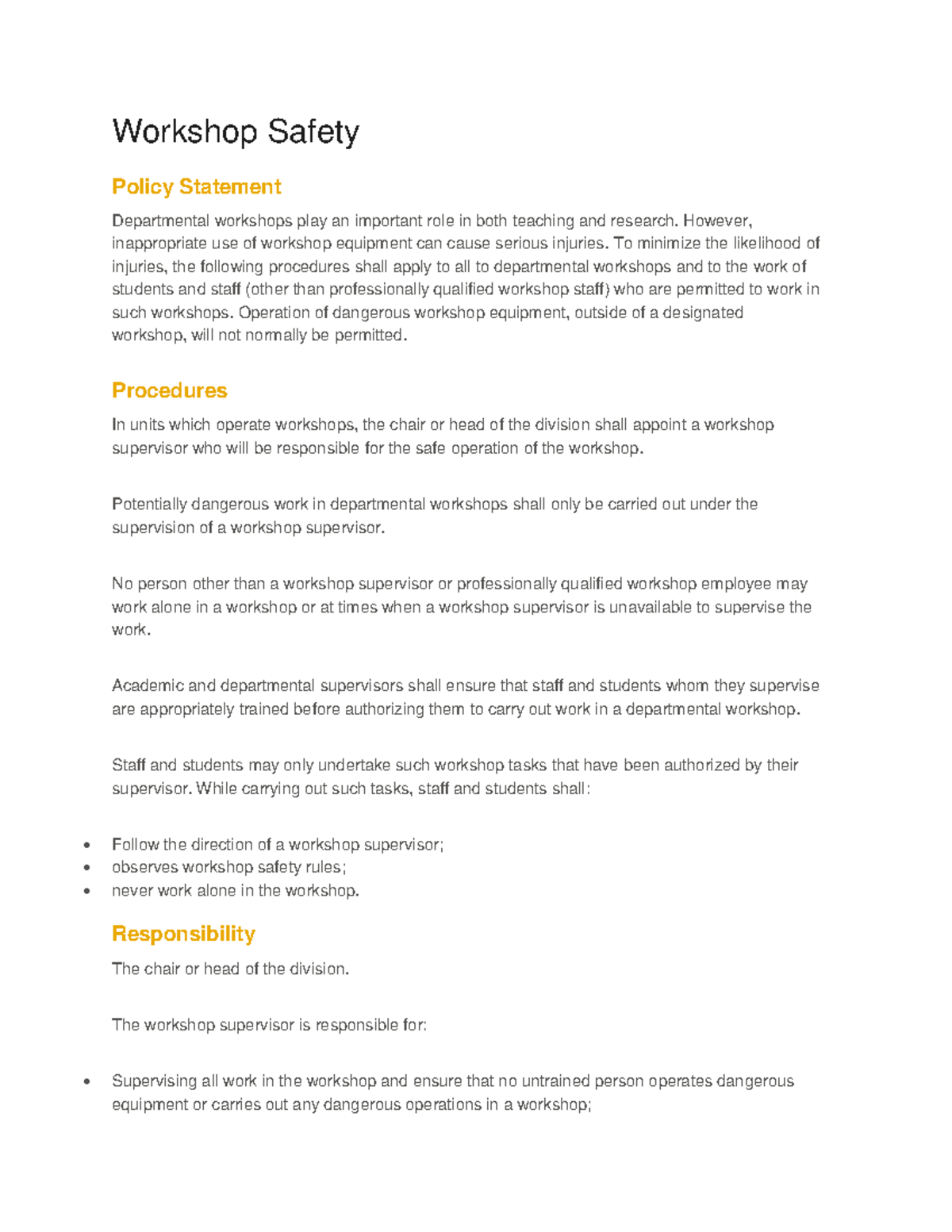 Workshop Safety Policy - Workshop Safety Policy Statement Departmental ...