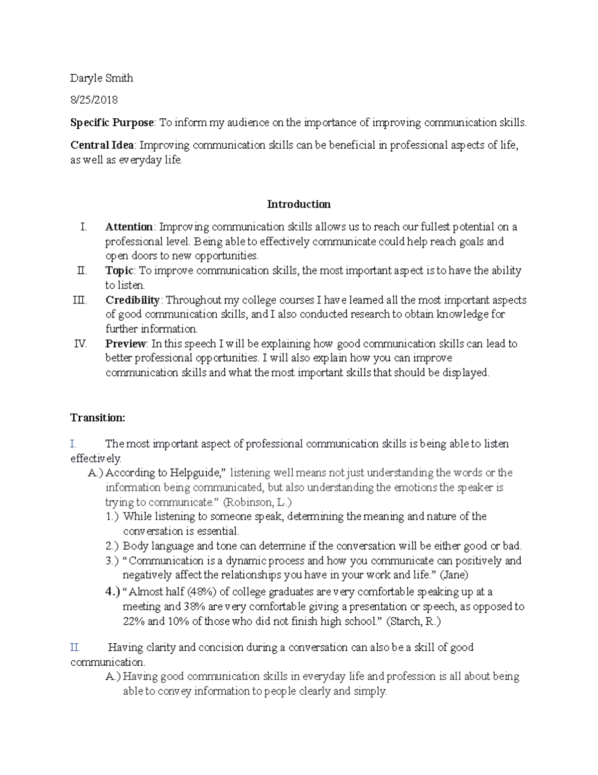 Outline - Grade: A - Daryle Smith 8/25/2018 Specific Purpose: To inform ...