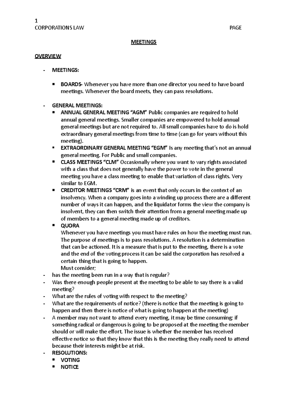 Meetings- Intro & Board Meetings - 1 CORPORATIONS LAW PAGE MEETINGS ...