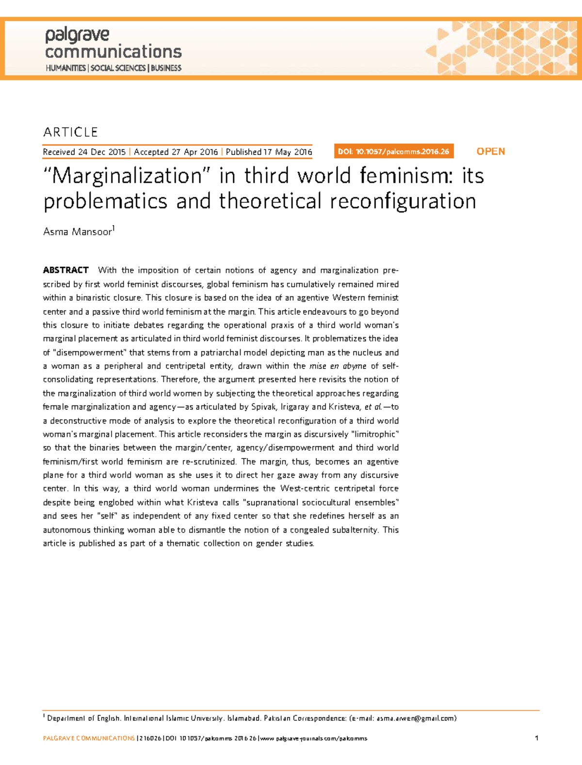 Marginalization in Third World Feminism - ARTICLE Received 24 Dec 2015 ...