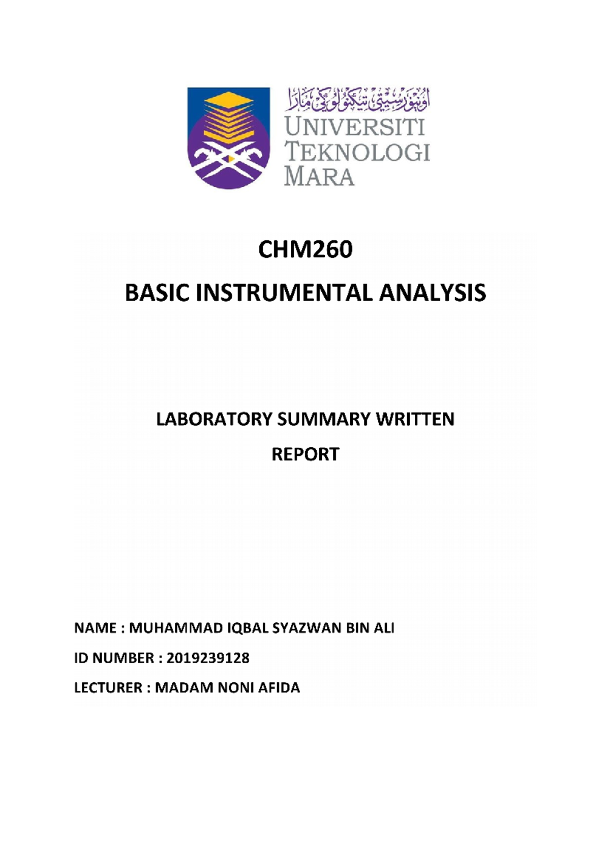 CHM260 LB4 - lab report - EXPERIMENT 4 : Flame Atomic Absorption ...