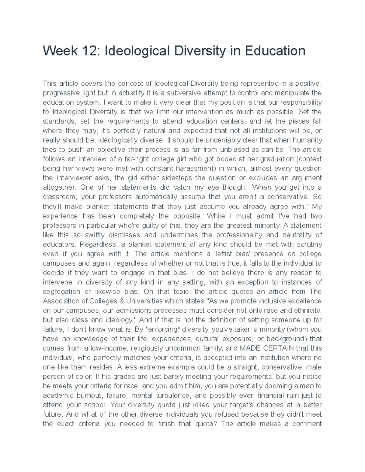 Week 12 Ideological Diversity in Education - Week 12: Ideological ...