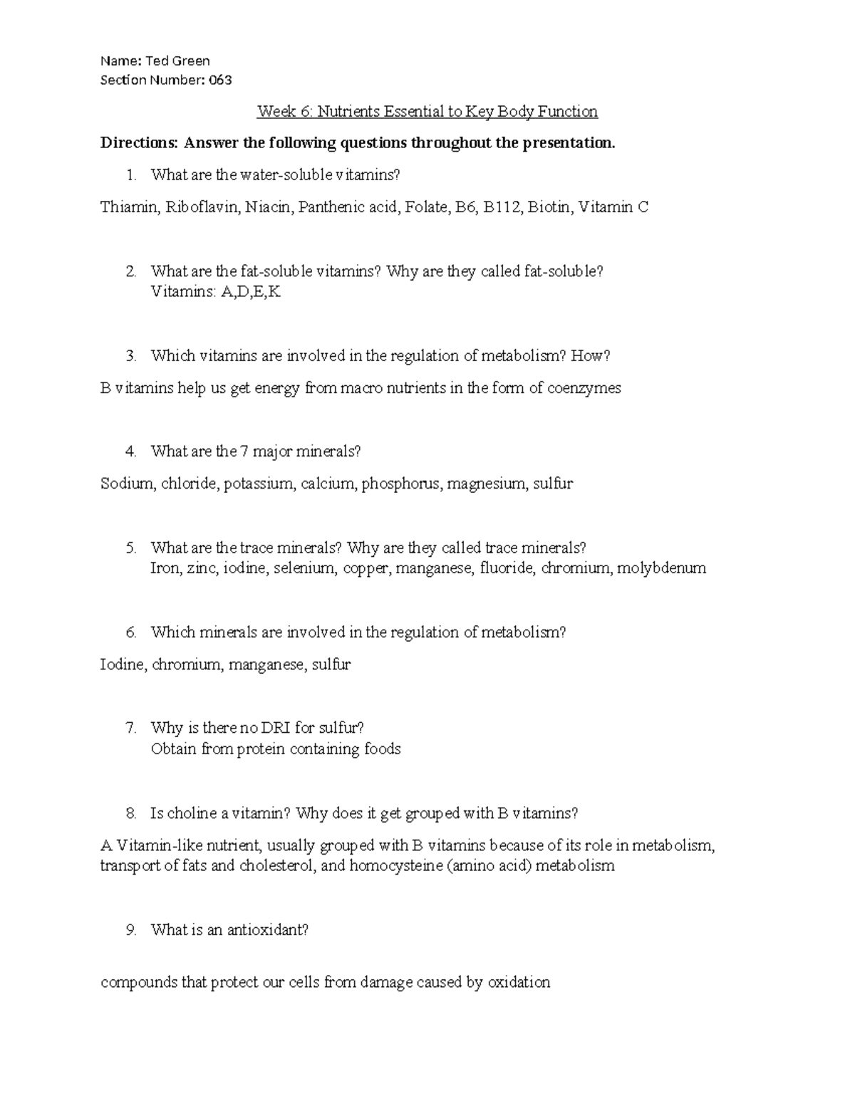 Week 6 Lab Handout - Name: Ted Green Section Number: 063 Week 6 ...