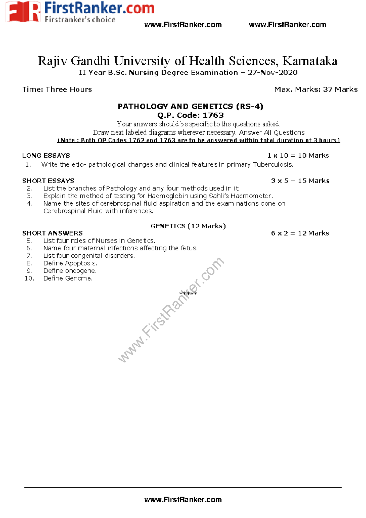 Pathology and genetics previous question paper - FirstRanker Rajiv ...