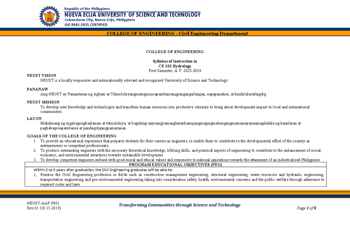CE-332-Hydrology - practice - NEUST-AAF-F Cabanatuan City, Nueva Ecija ...