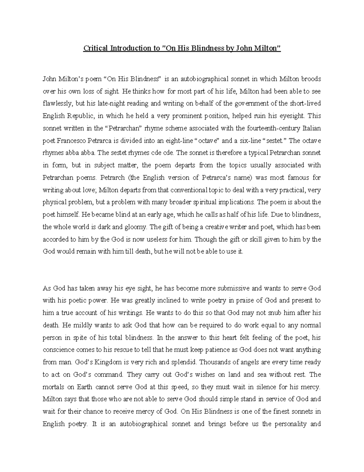 Milton - LECTURE - Critical Introduction to "On His Blindness by John ...