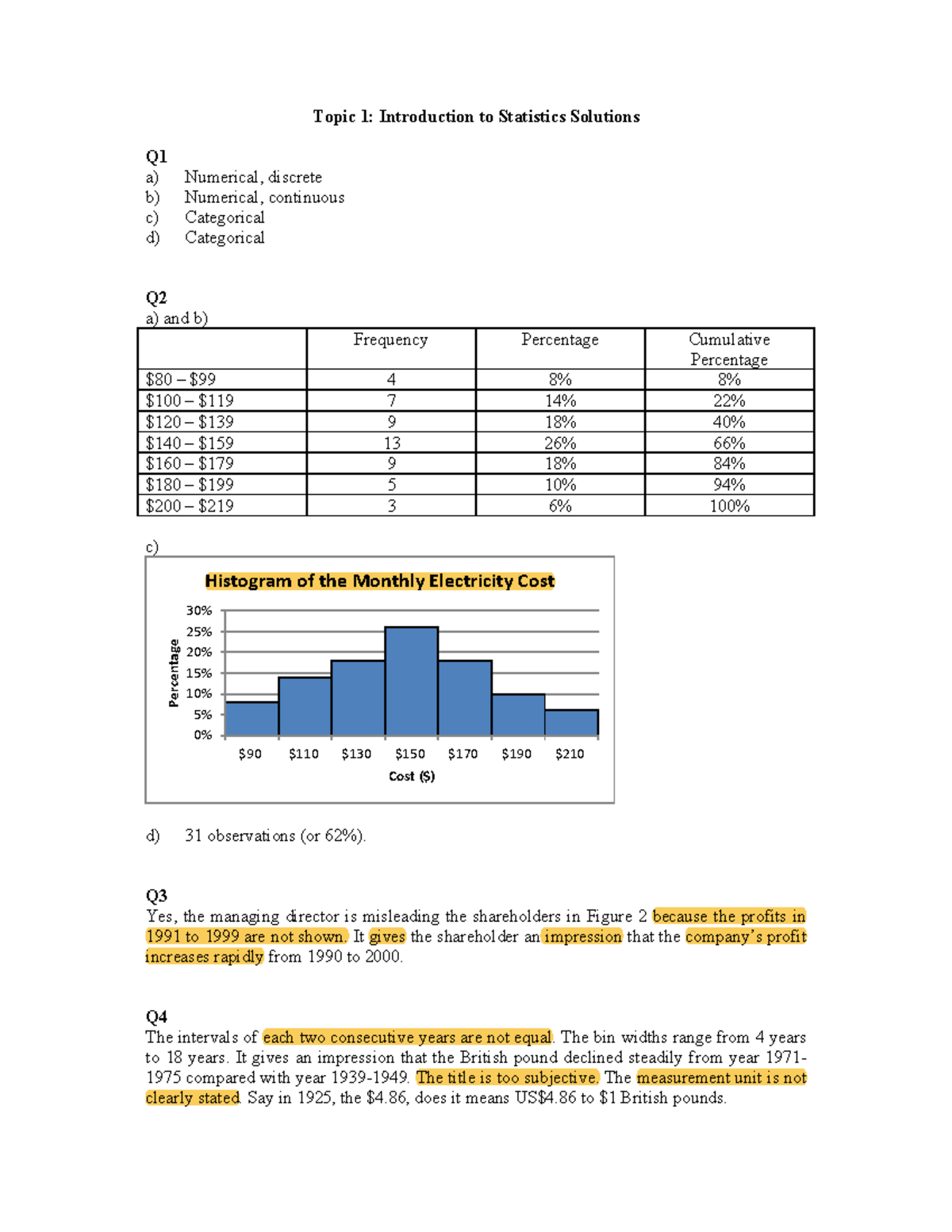 Topic 1 Solutions (Q1-Q6) - Topic 1: Introduction to Statistics Solutions Q a) Numerical ...