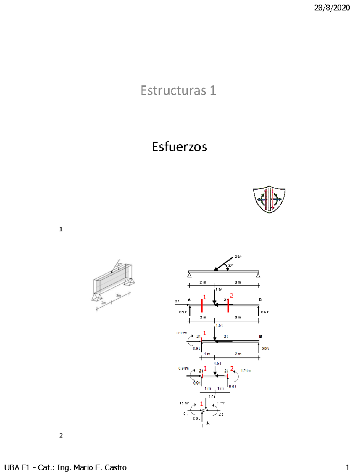 UBA E1 08 Esfuerzos 2020 - Esfuerzos Estructuras 1 2 t 2 m 3 m 37 ° 2 t 2 m 3 m A B 1 t 0 t 0 t ...