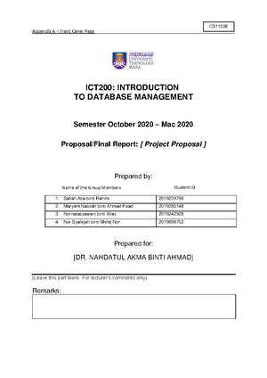 ICT200 - latihan - Introduction To Database Design - UiTM - Studocu