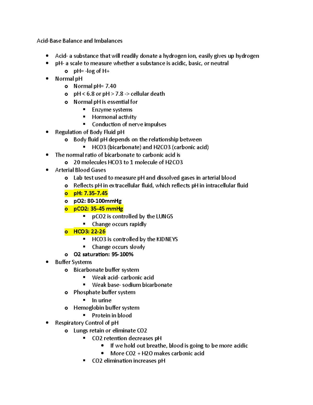 Acid Base - Lecture notes notes - Acid-Base Balance and Imbalances Acid ...