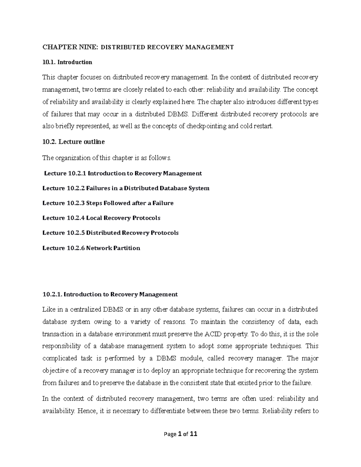 Lesson NINE Distributed Recovery Management - CHAPTER NINE: DISTRIBUTED RECOVERY MANAGEMENT ...