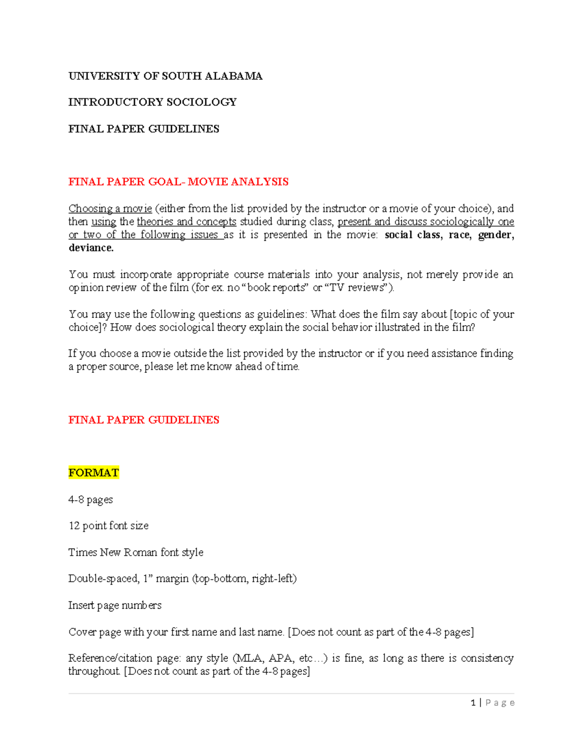 Final Paper Guidelines - UNIVERSITY OF SOUTH ALABAMA INTRODUCTORY ...
