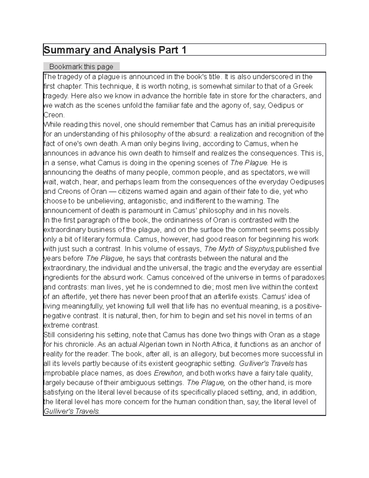 The Plague - Summary and Analysis Part 1 Bookmark this page The tragedy ...