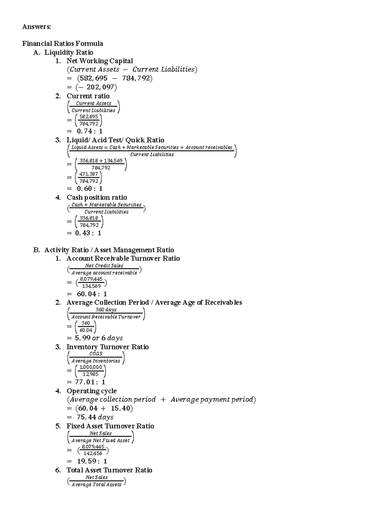 Answers -Financial-Ratios - Answers: Financial Ratios Formula A ...