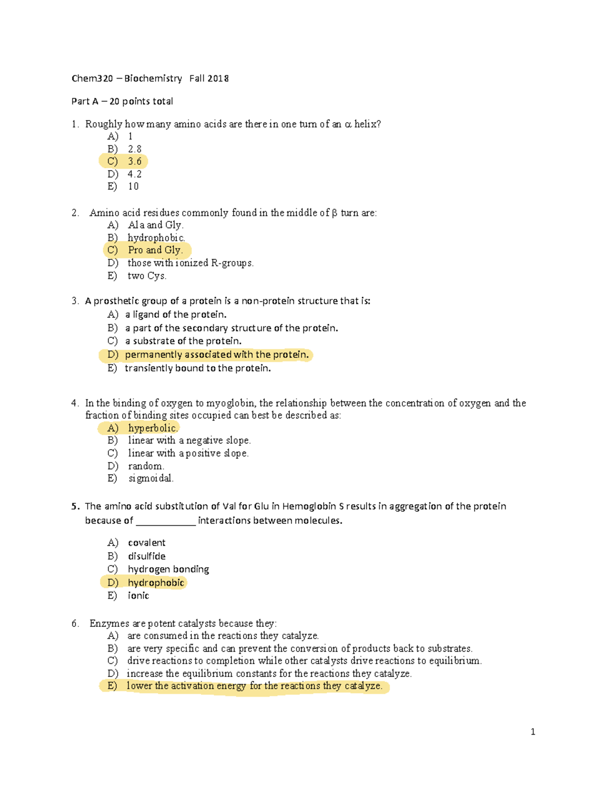 Review for Exam 2 - Chem320 3 Biochemistry Fall 2018 Part A 3 20 points ...