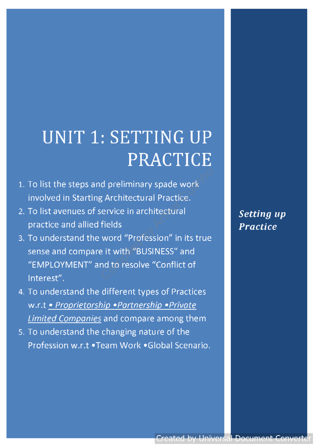 Unit 1 Setting Up Practice - UNIT 1: SETTING UP PRACTICE 1. To list the ...
