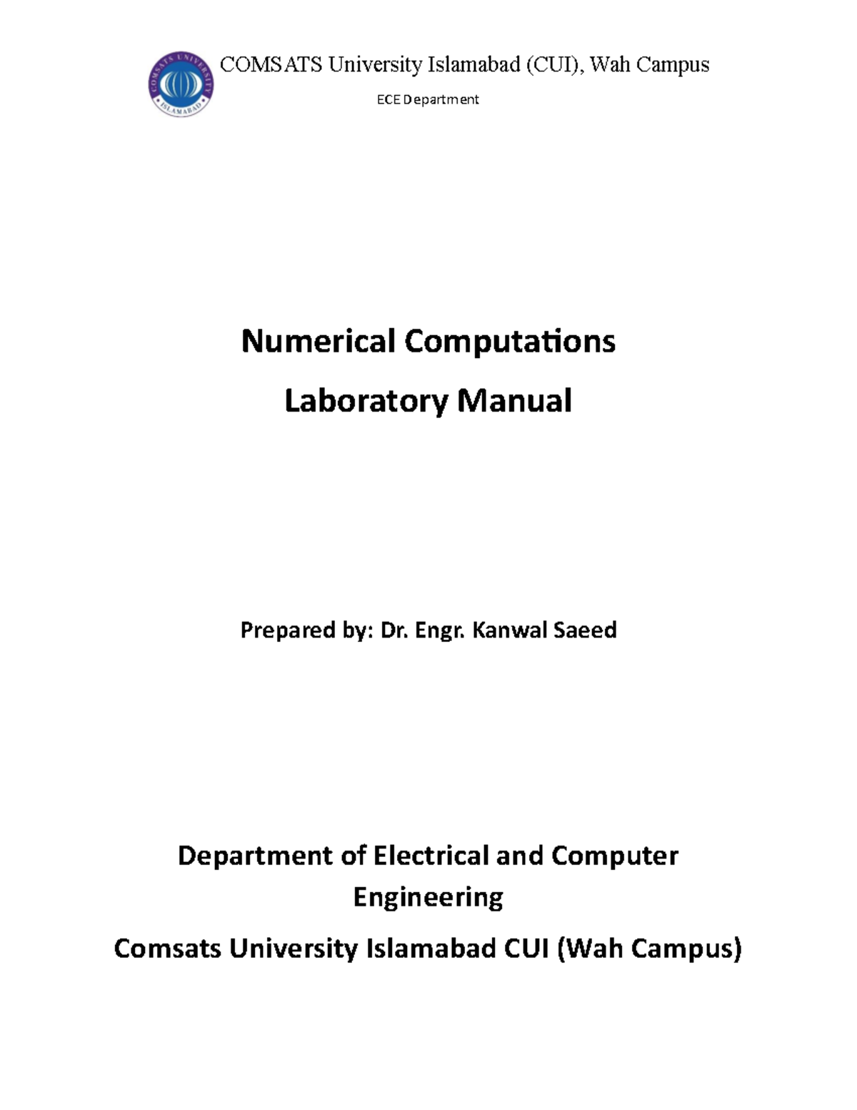 Numerical Computations Lab Manual 1 7 Ece Department Numerical
