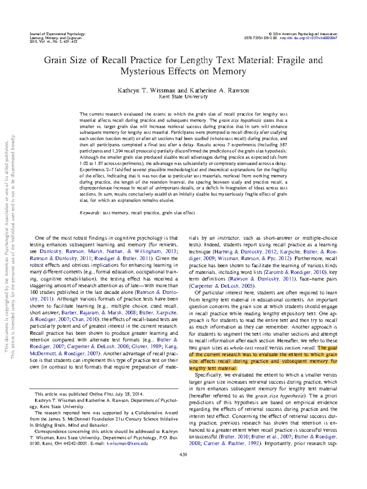 Grain Size of Recall Practice for Lengthy Text Material Fragile and ...