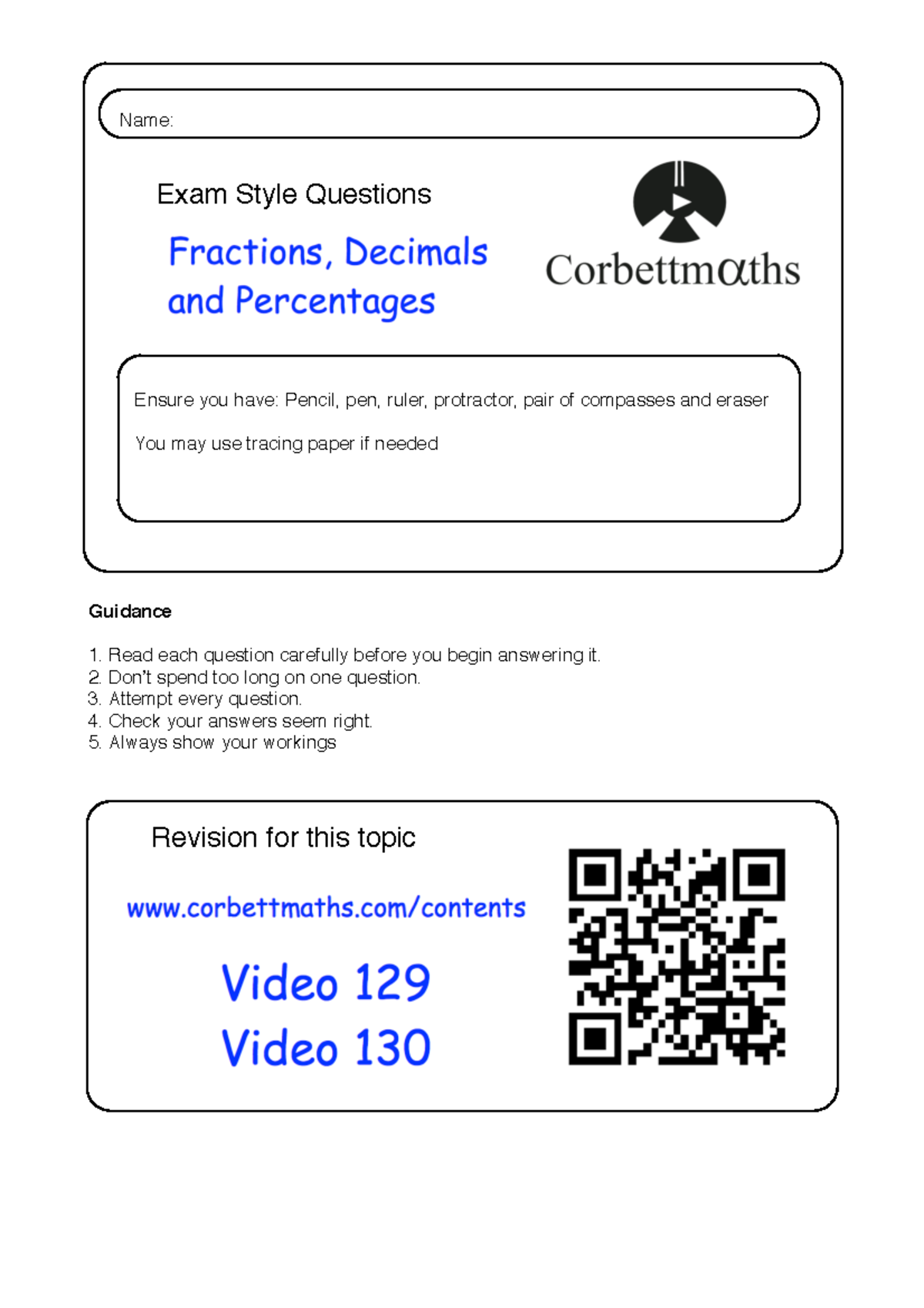 Fractions decimals percentages pdf - Name: Exam Style Questions Ensure ...