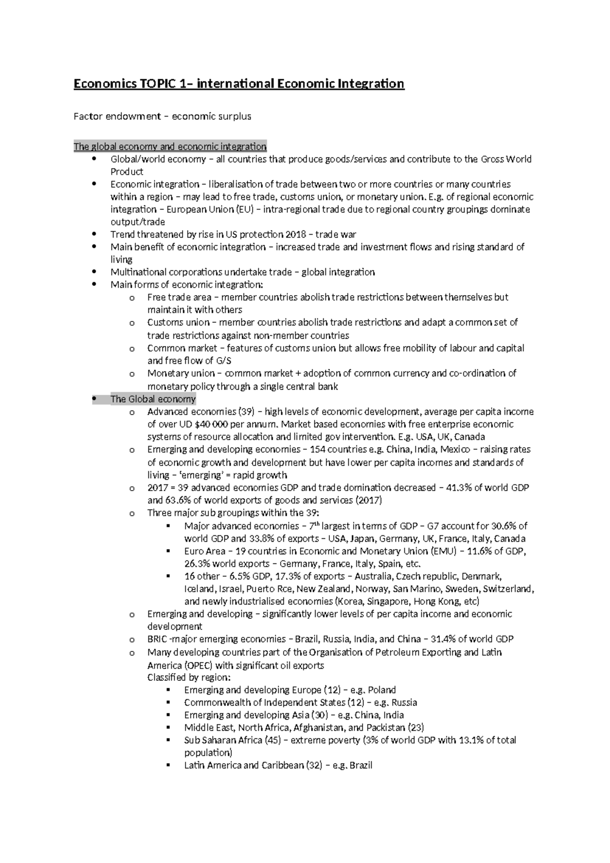 Topic 1 - The global economy - Economics TOPIC 1– international ...