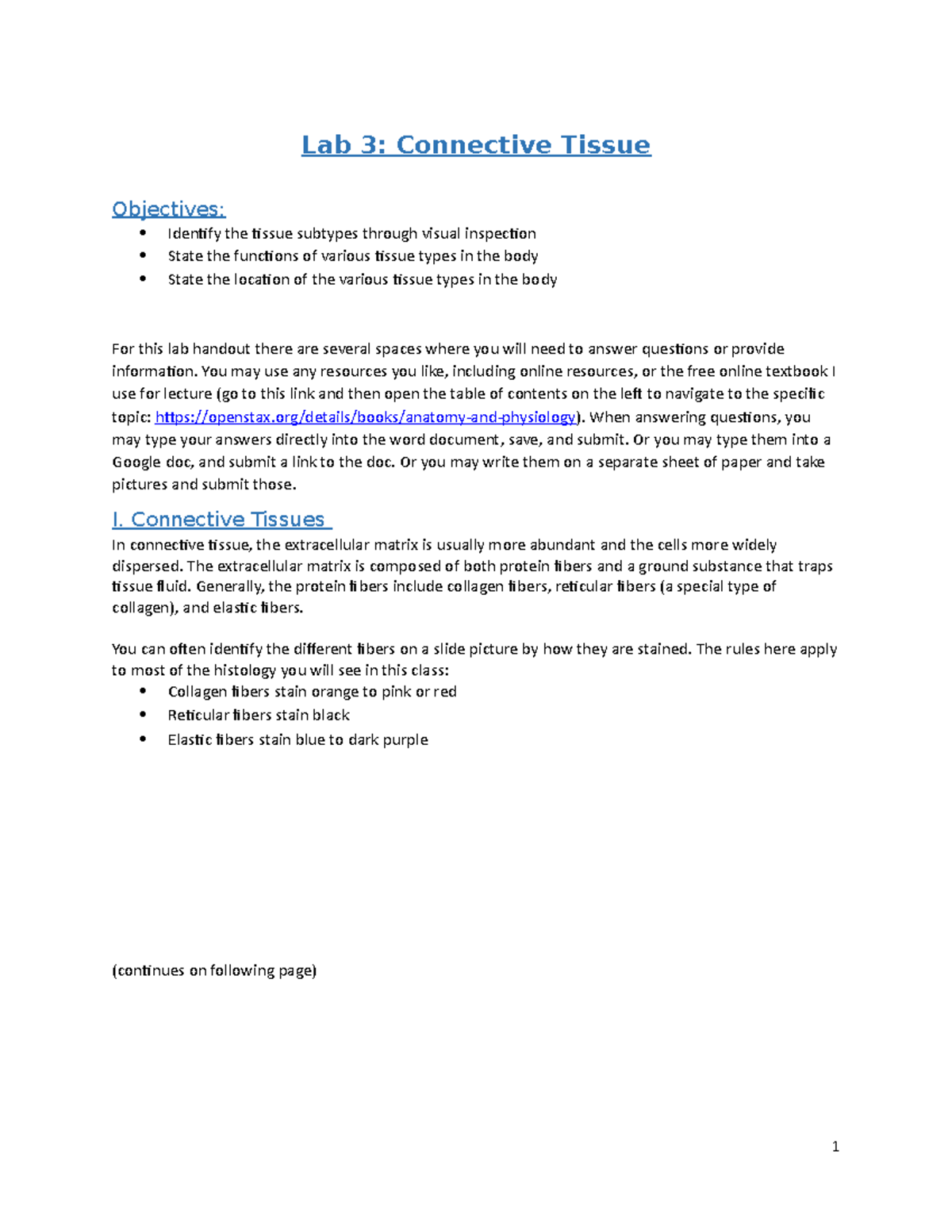 Lab 3 Connective tissue - Lab 3: Connective Tissue Objectives: Identify ...