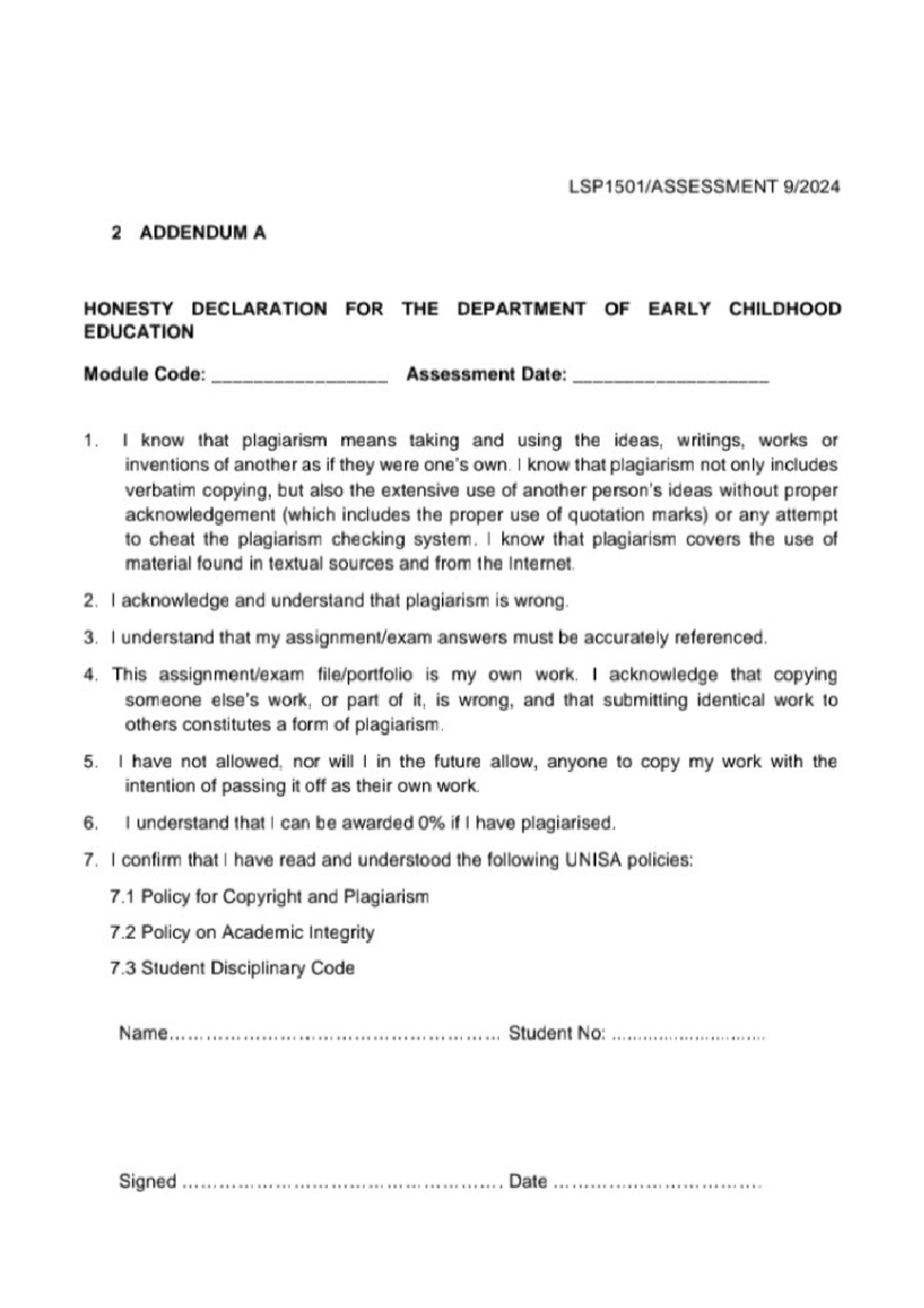 LSP1501 add A 9 - 2 ADDENDUM A HONESTY DECLARATION FOR THE DEPARTMENT OF EARLY CHILDHOOD ...