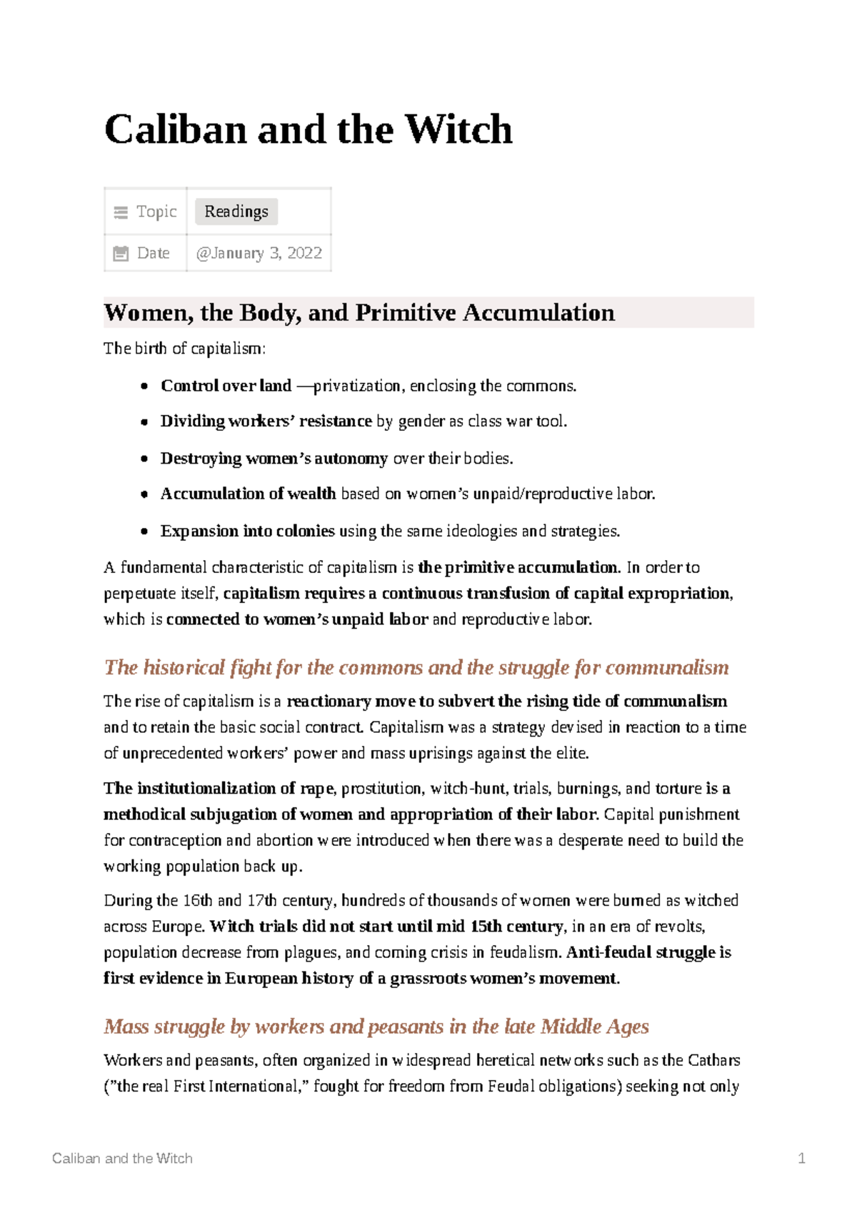 Caliban and the Witch: Women, the Body and Primitive Accumulation ...