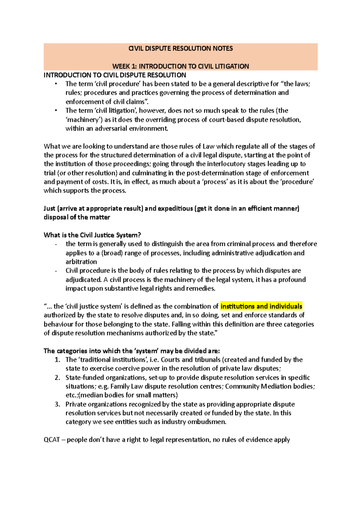 Civil Dispute Resolution Notes - CIVIL DISPUTE RESOLUTION NOTES WEEK 1 ...