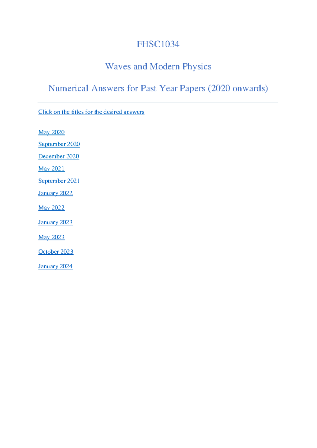 FHSC1034 Numerical Answers for Past Year Papers 2020-2024Jan - Waves ...