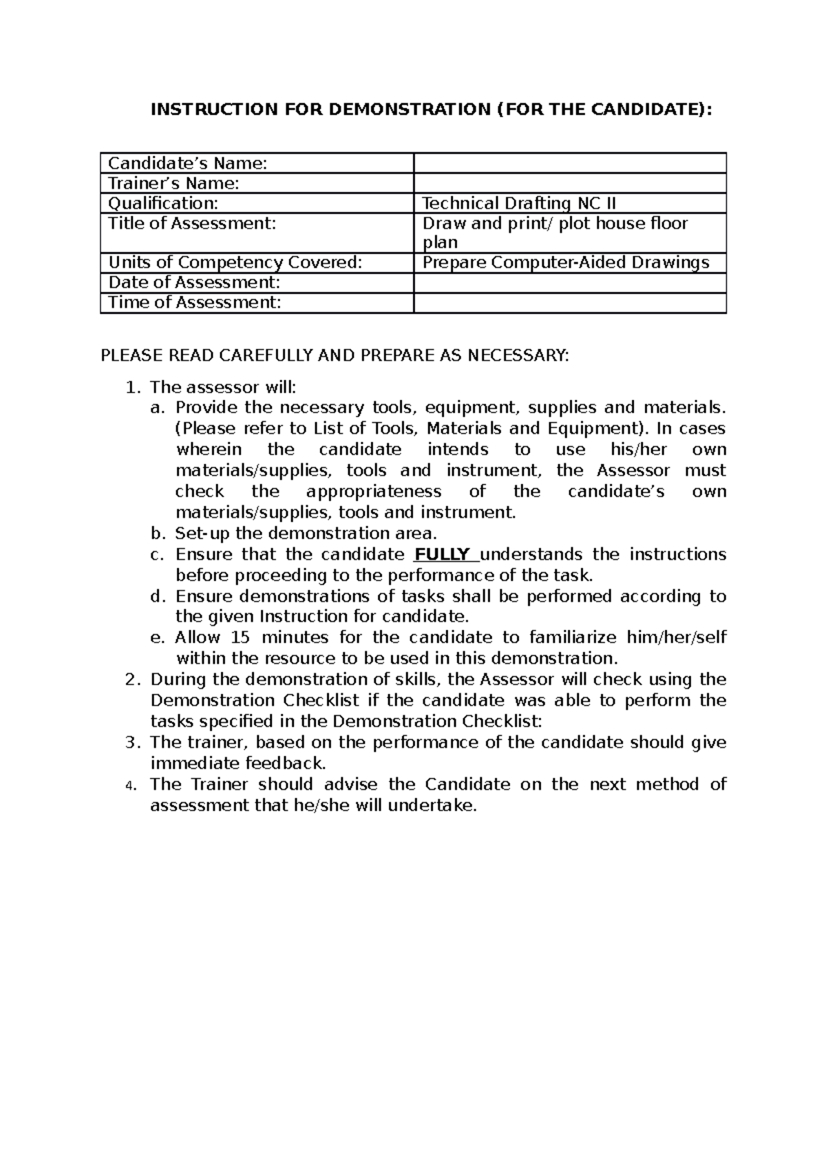 1.6.5 Instruction for Demonstration for the Candidate - INSTRUCTION FOR ...