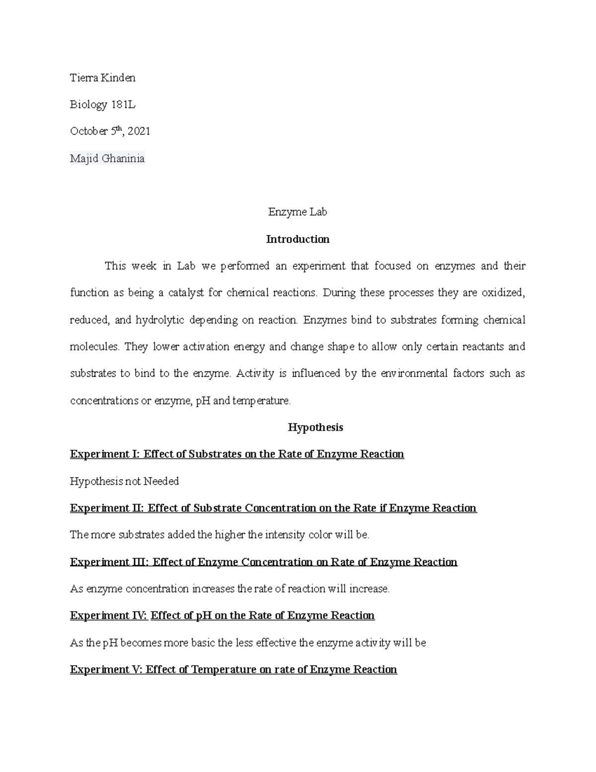 Enzyme LAB Report Grand Canyon University - BIO-181 - GCU - Studocu