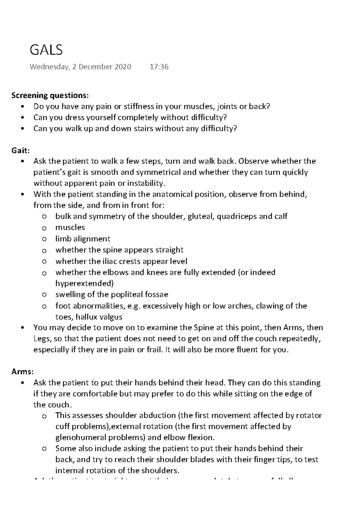 GALS - OSCE revision materials - Screening questions: - Do you have any ...