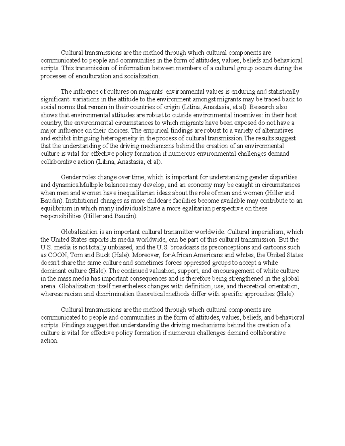 Writing Sample - Classwork done within the semester - Cultural ...