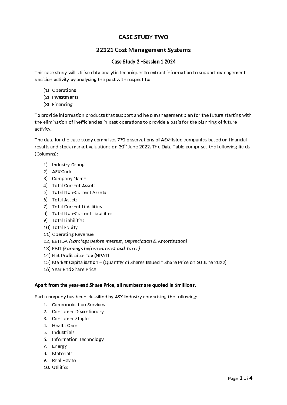 ASX Case Study - CASE STUDY TWO 22321 Cost Management Systems Case ...