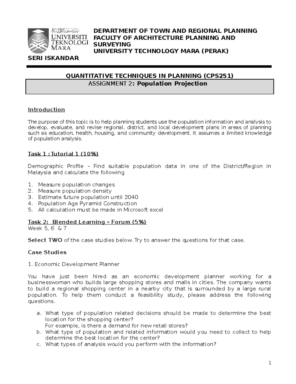 Assignment 2 - Population Projection - DEPARTMENT OF TOWN AND REGIONAL ...