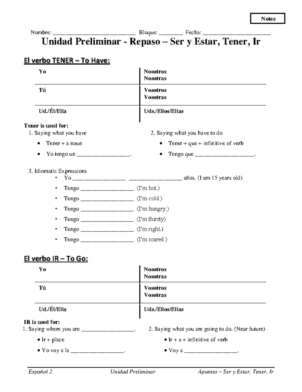 Unidad 0 Preliminar Notes Sheet Ser Estar Tener Ir - Español 2 Unidad ...