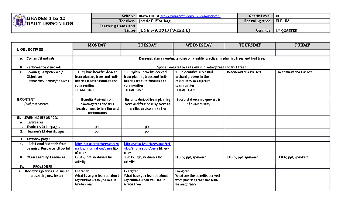 TLE6 Q1 W1-DLL - Lesson Guide - GRADES 1 to 12 DAILY LESSON LOG School ...
