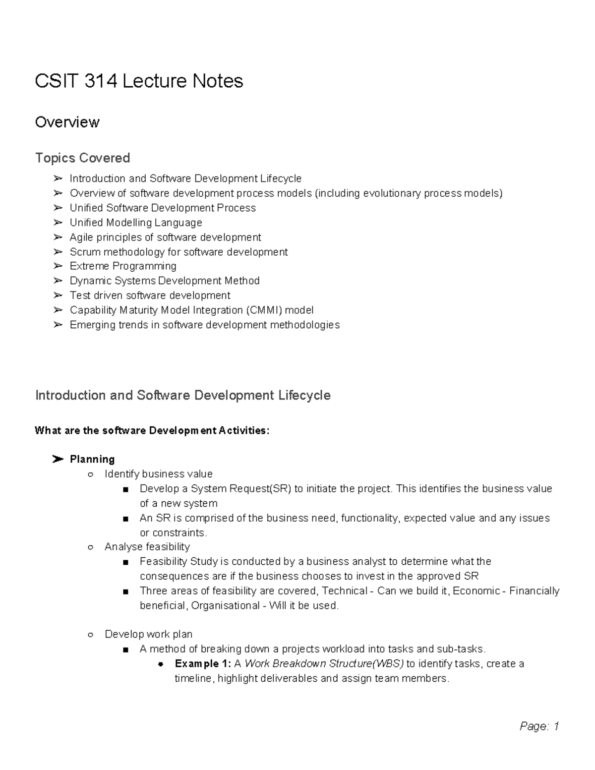 CSIT 314 Lecture Notes Overview Topics Covered Introduction and ...