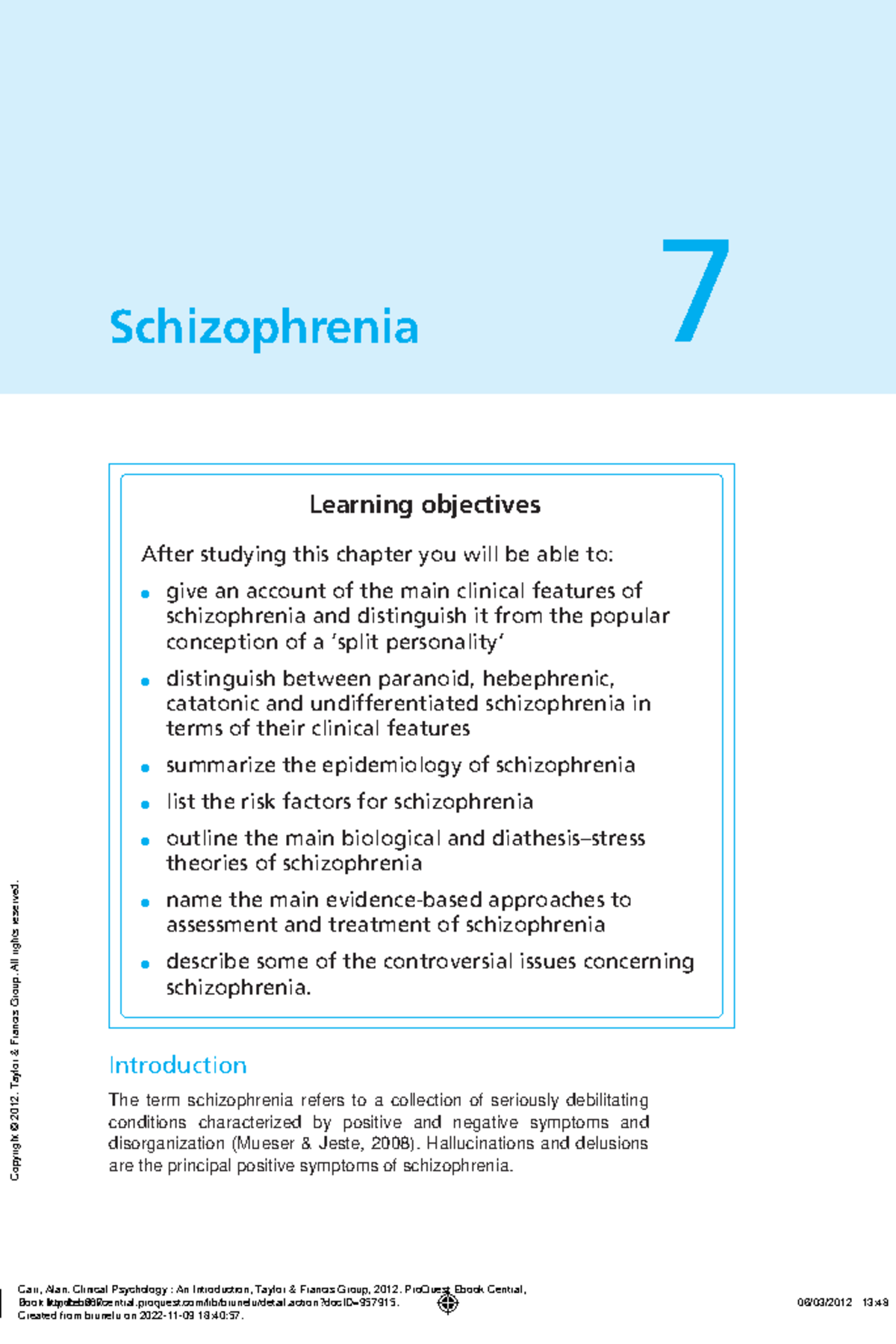Clinical Psychology An Introduction - (7 - Schizophrenia 7 Introduction ...