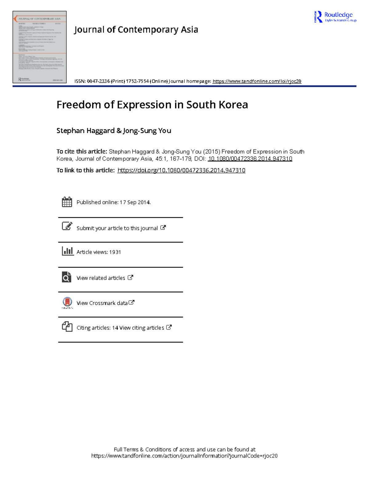Haggard+and+You+Freedom+of+Expression+in+South+Korea - Full Terms ...