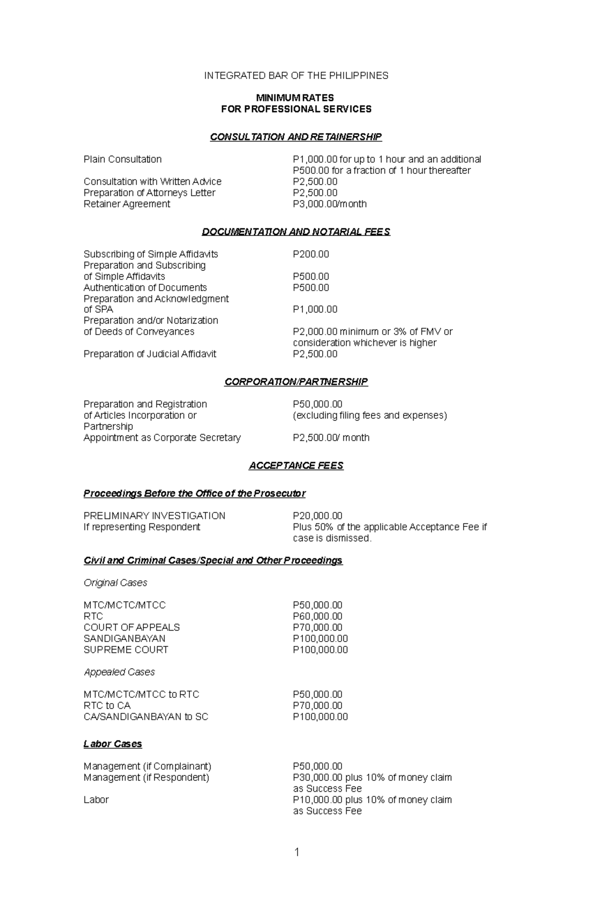 IBP Recommended FEES INTEGRATED BAR OF THE PHILIPPINES MINIMUM RATES