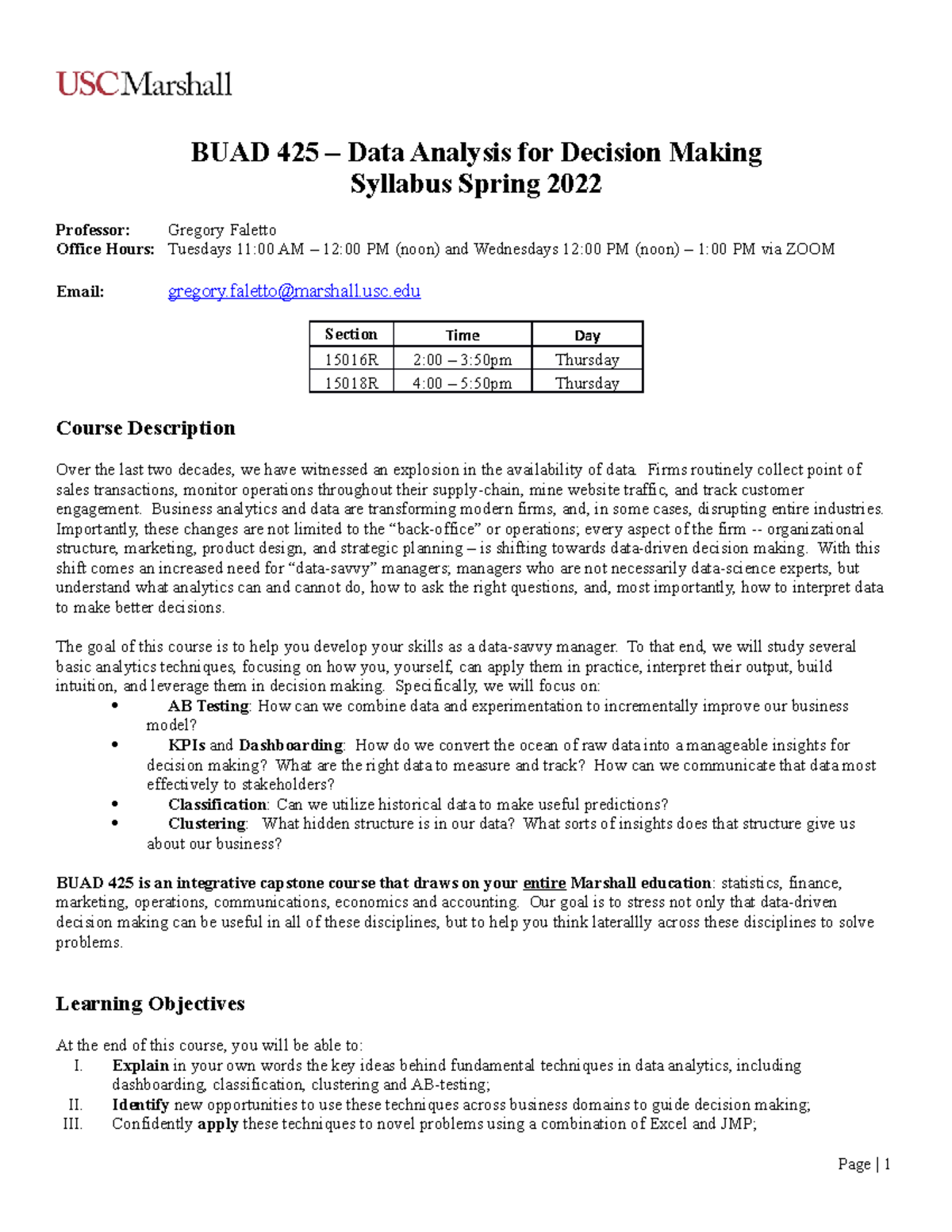 BUAD 425 Syllabus 2022 Spring - BUAD 425 – Data Analysis for Decision ...