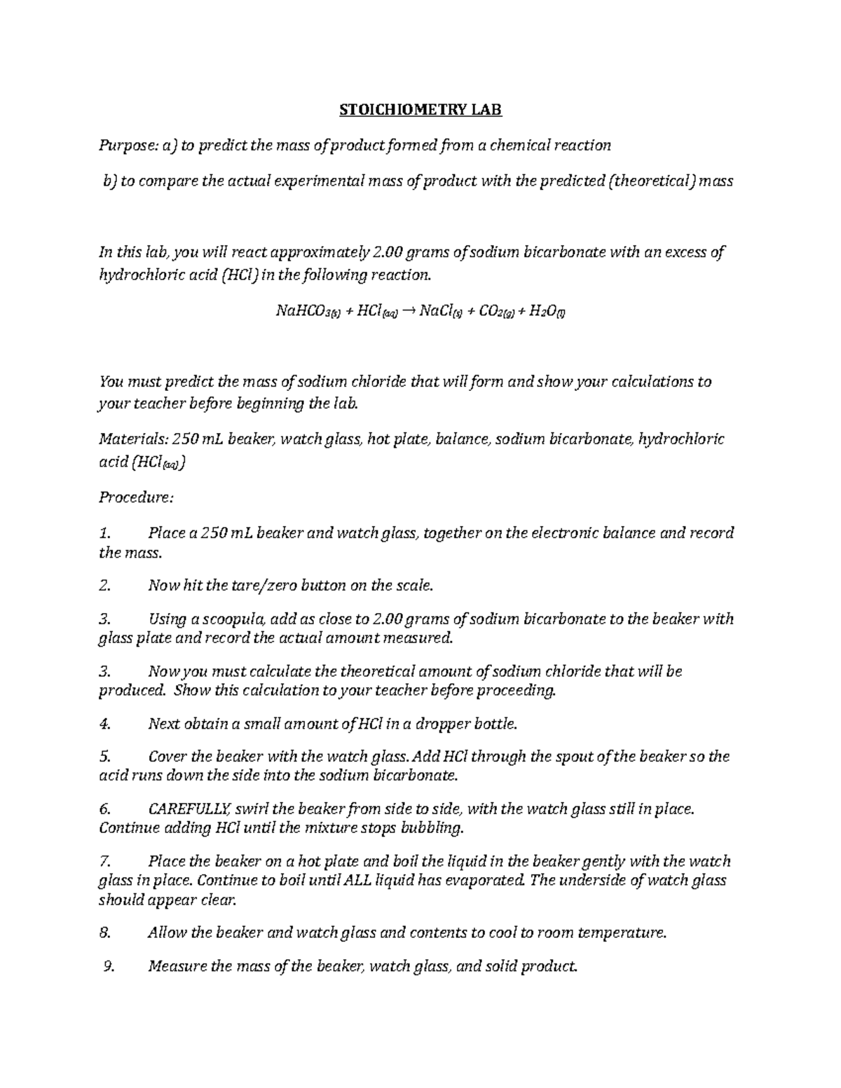 UNIT Lab - chemistry lab - STOICHIOMETRY LAB Purpose: a) to predict the ...