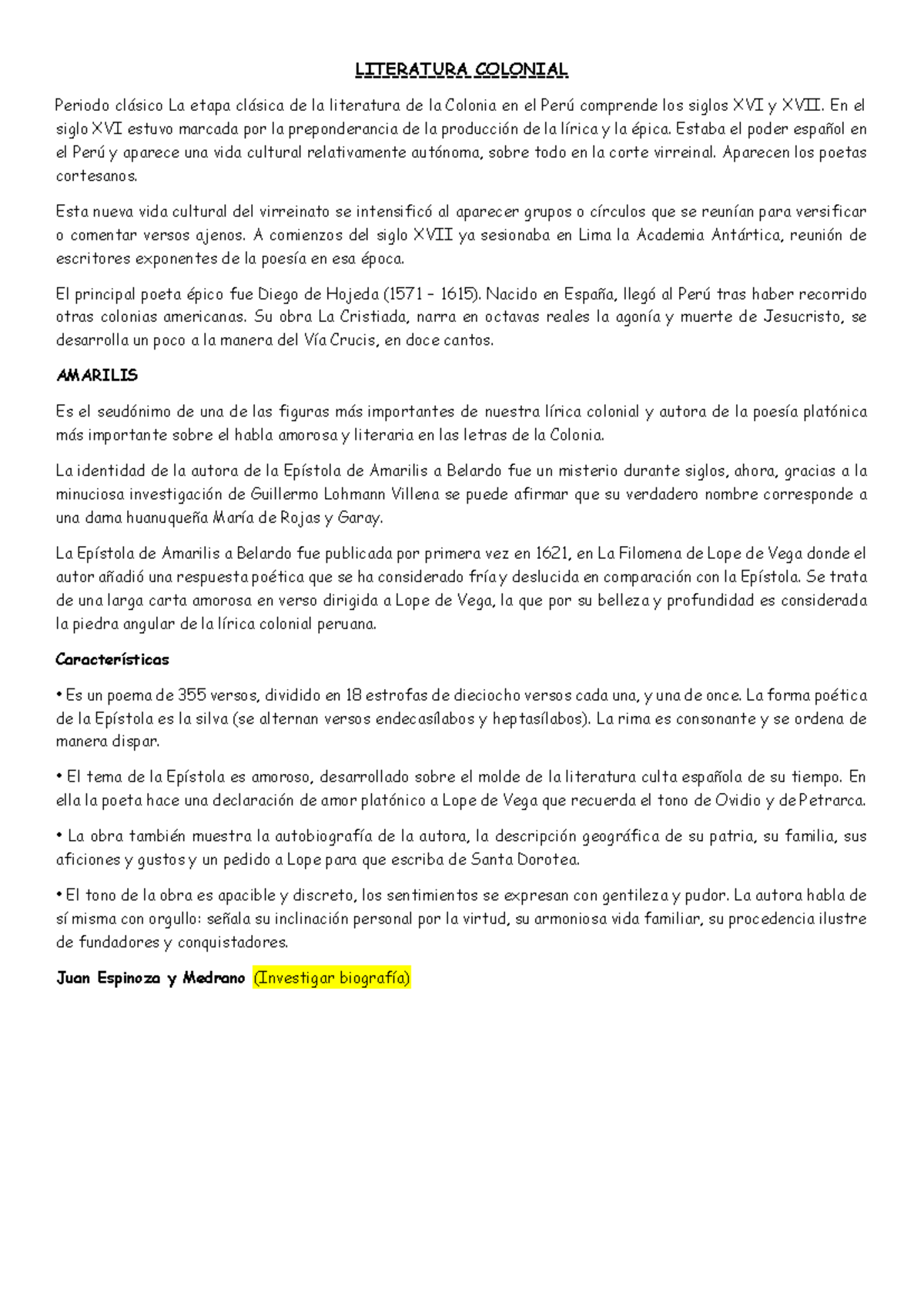 3° Literatura Colonial - LITERATURA COLONIAL Periodo clásico La etapa ...