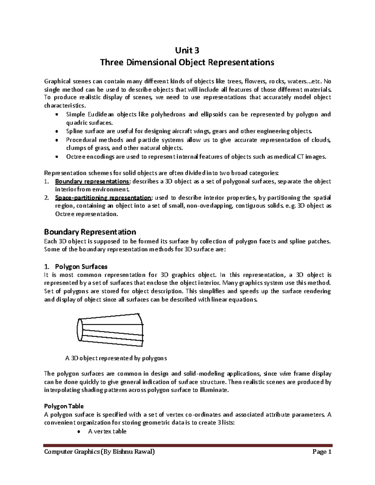 Unit 3 - Computer Graphics - Unit 3 Three Dimensional Object Representations Graphical scenes ...