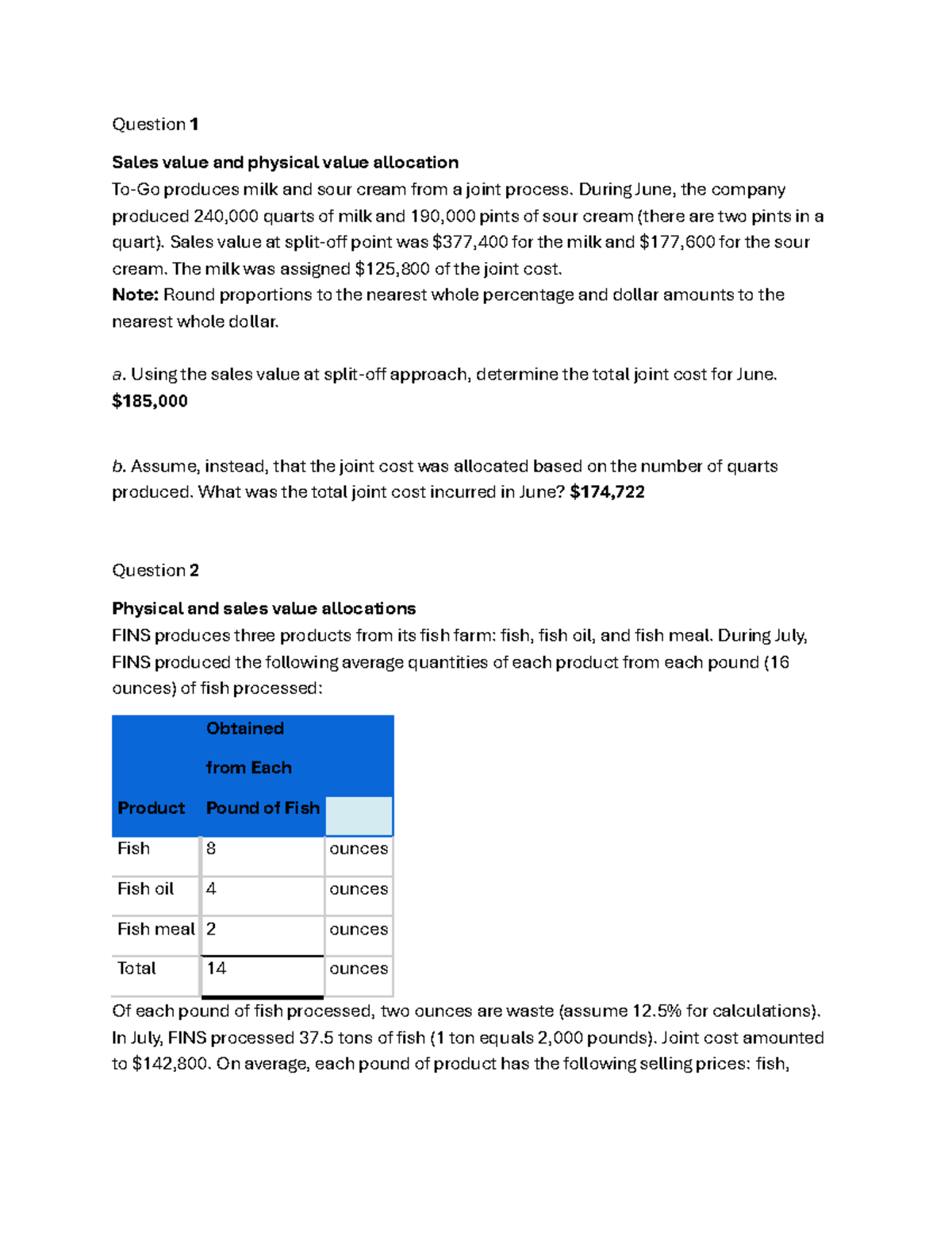 Chapter 11 Practice - Question 1 Sales value and physical value ...