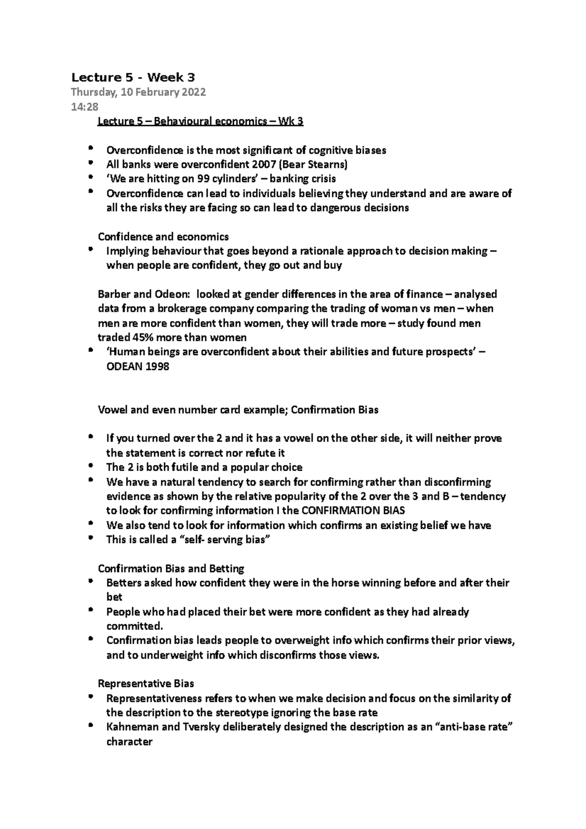 Behavourial notes - Lecture 5 - Week 3 Thursday, 10 February 2022 14 ...